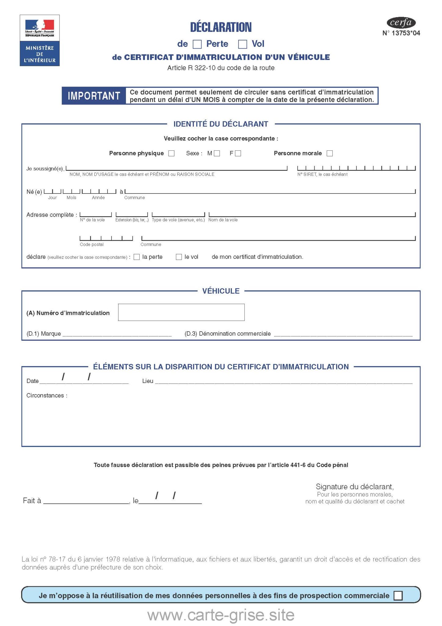 Cerfa 13753-04 Déclaration de perte ou vol