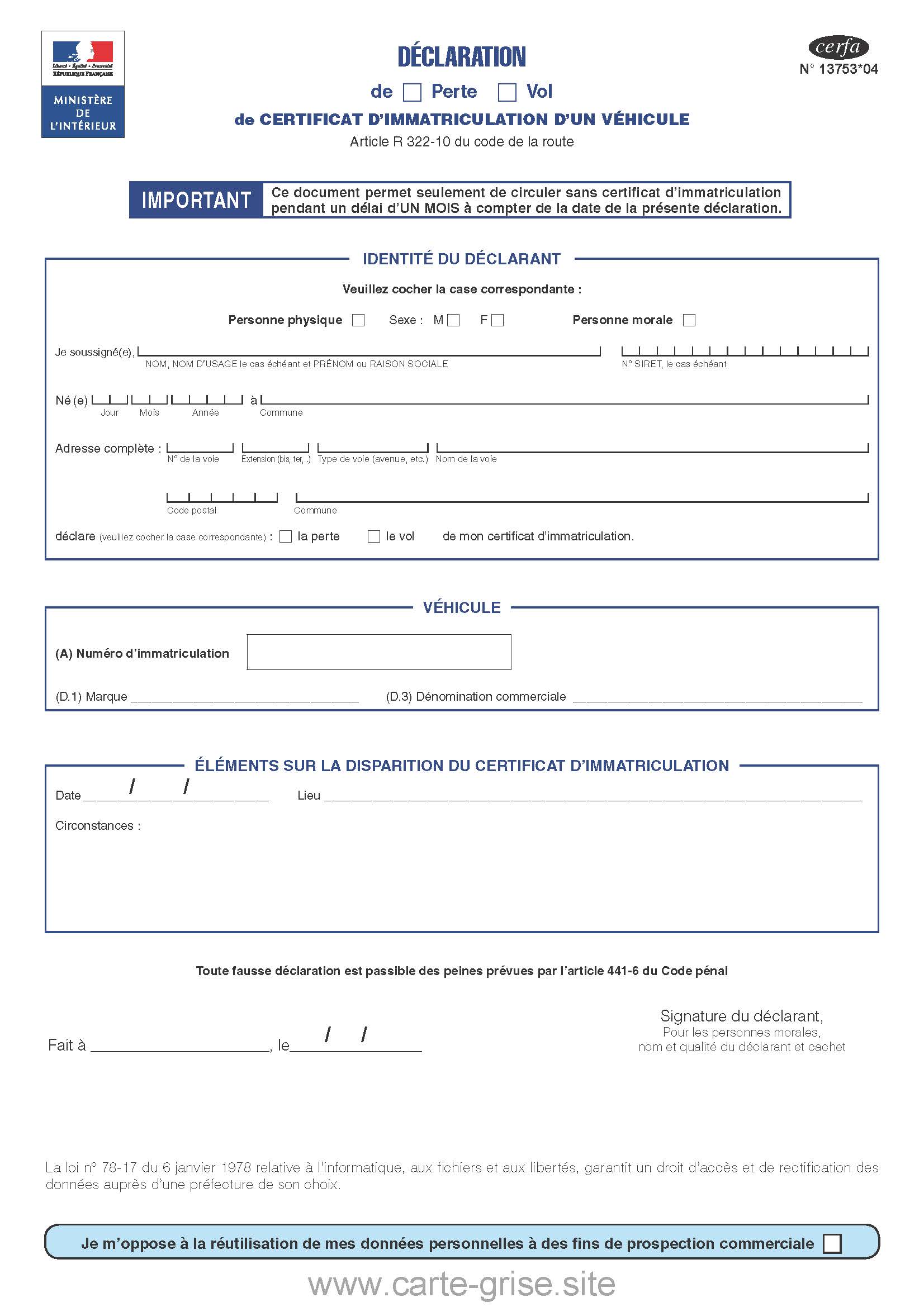 Cerfa 13753-04 Déclaration de perte ou vol